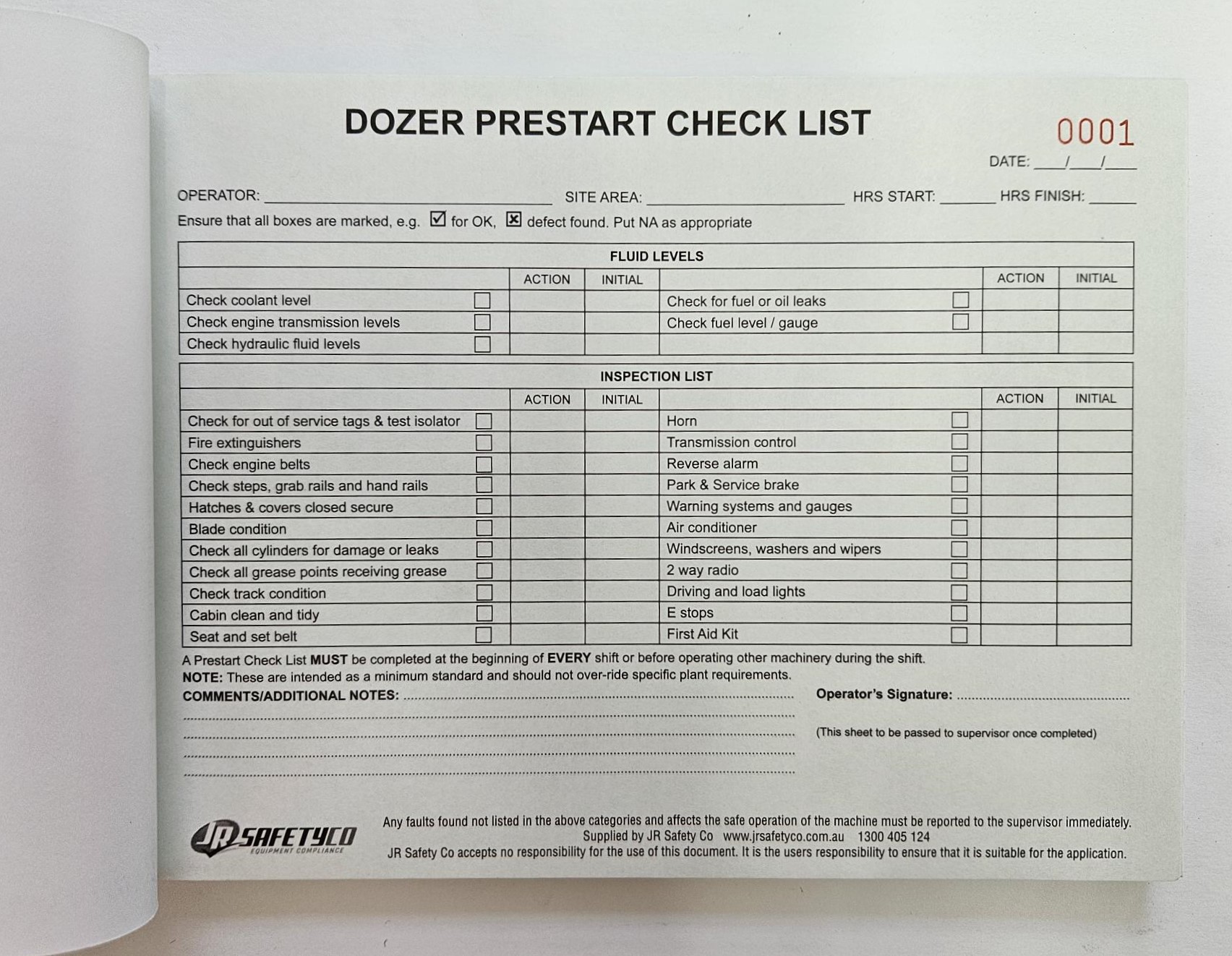 Dozer Prestart Checklist Book | JR Safety Co