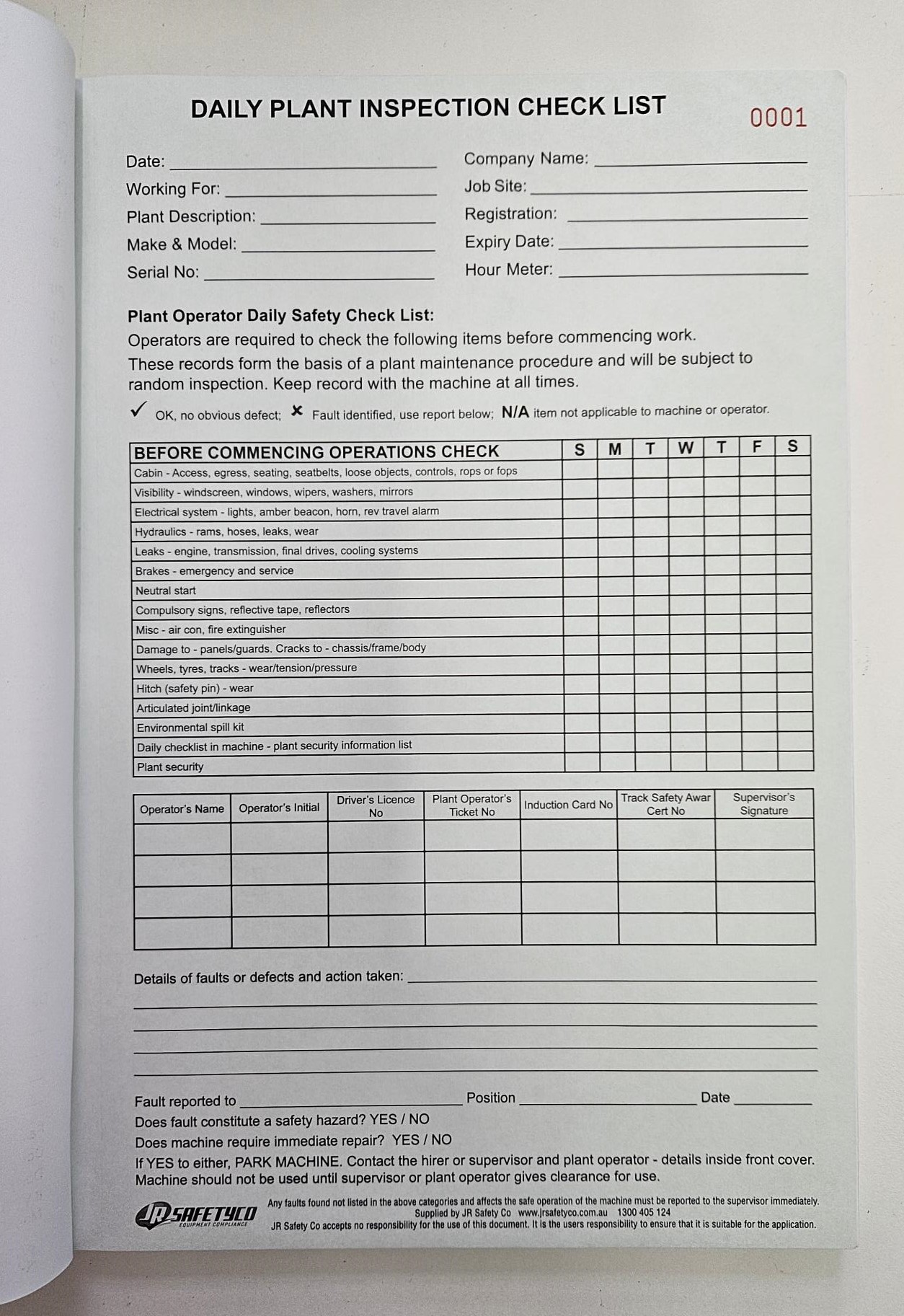 Daily Plant Checklist Book | JR Safety Co