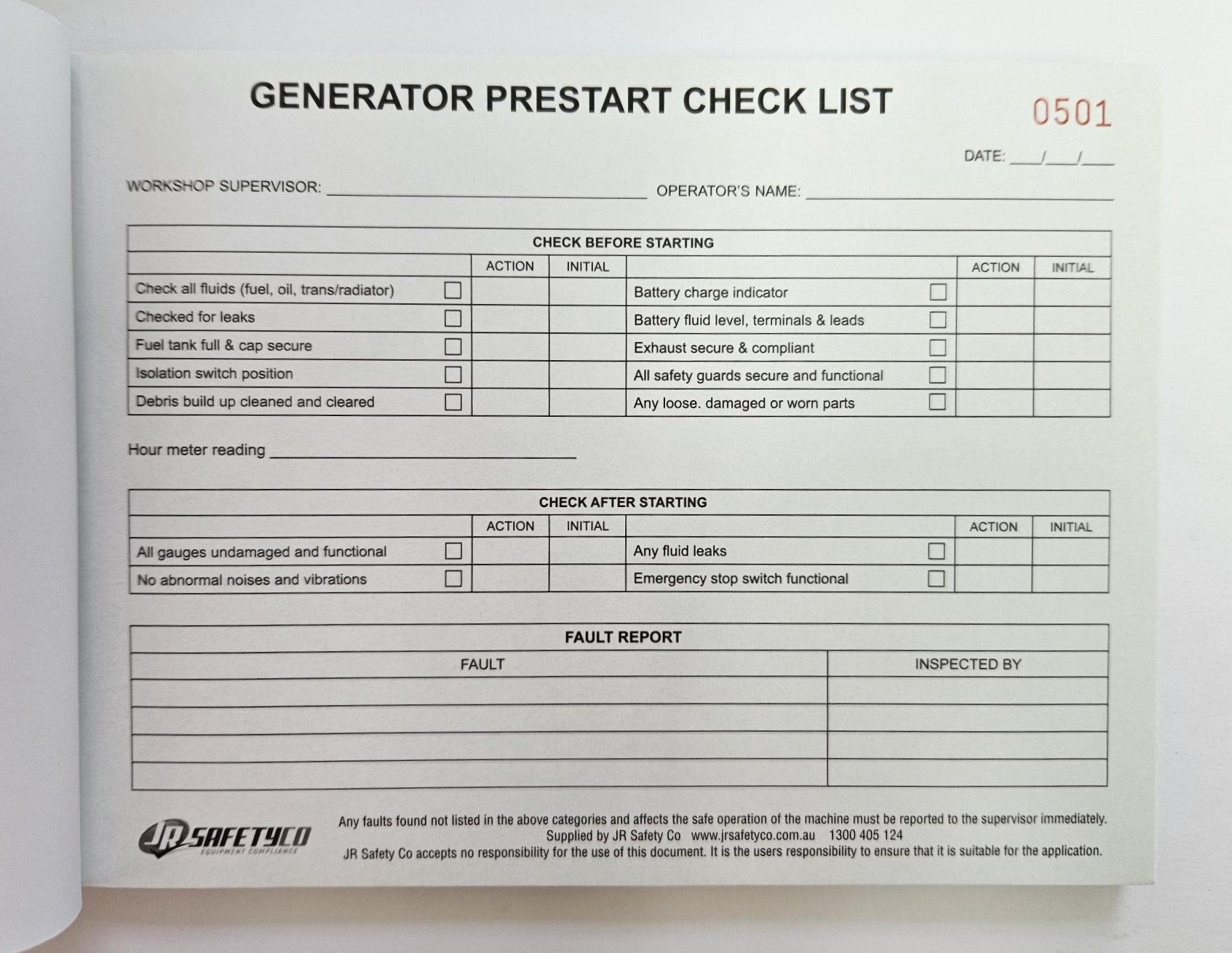 Generator / Welder Prestart Checklist Book | JR Safety Co