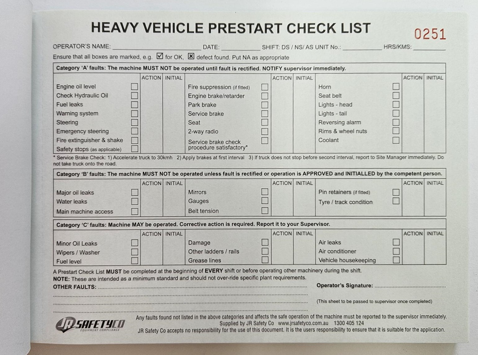 Heavy Vehicle Prestart Checklist Book | JR Safety Co