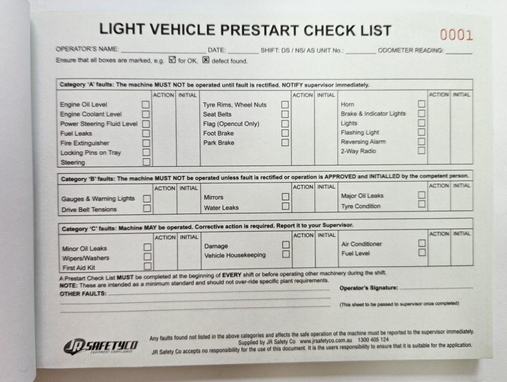 Light Vehicle Prestart Checklist Book | JR Safety Co