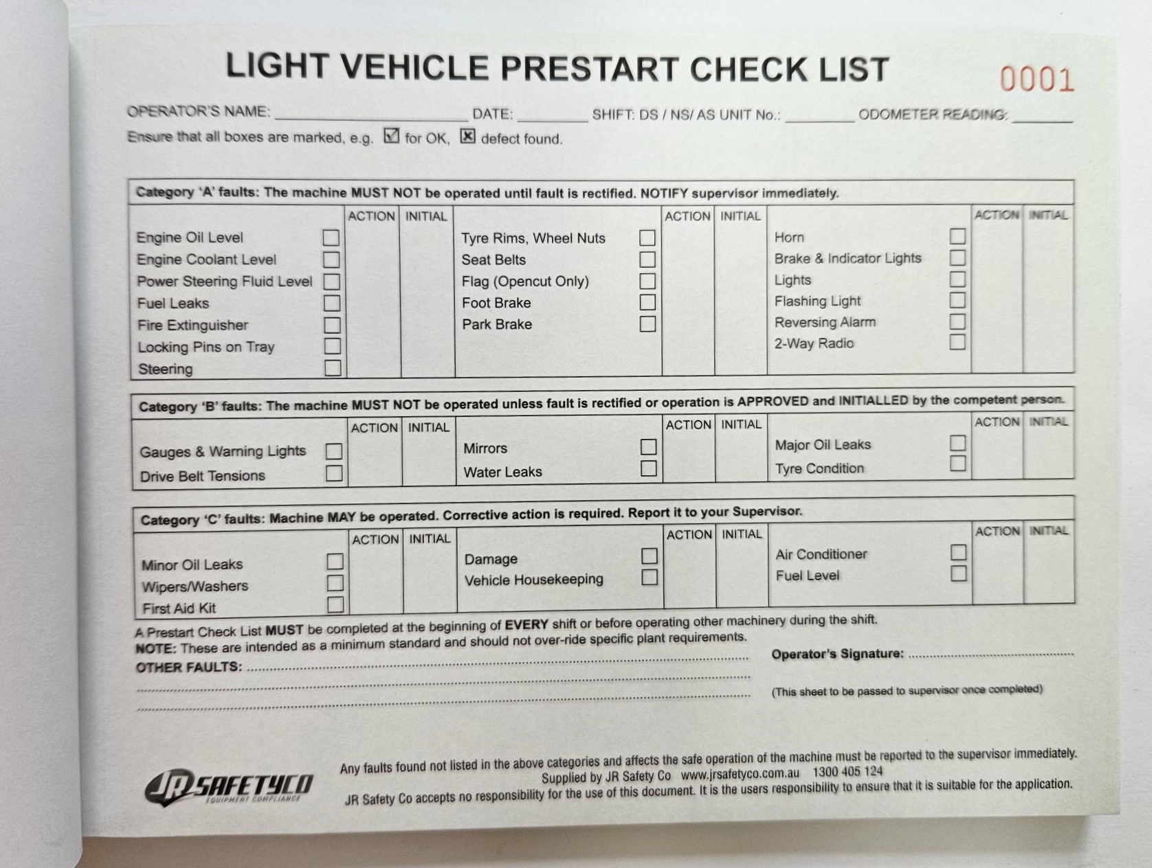 Light Vehicle Prestart Checklist Book | JR Safety Co