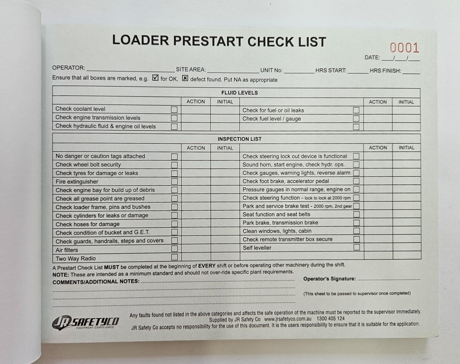 Loader Prestart Checklist Book | JR Safety Co