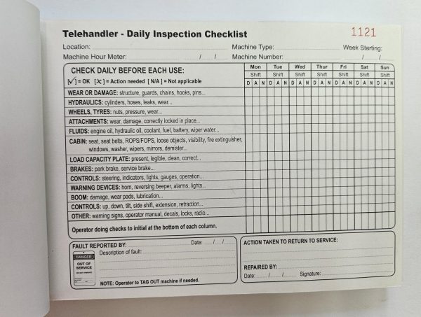 Telehandler Prestart Checklist Book (Triplicate) | JR Safety Co
