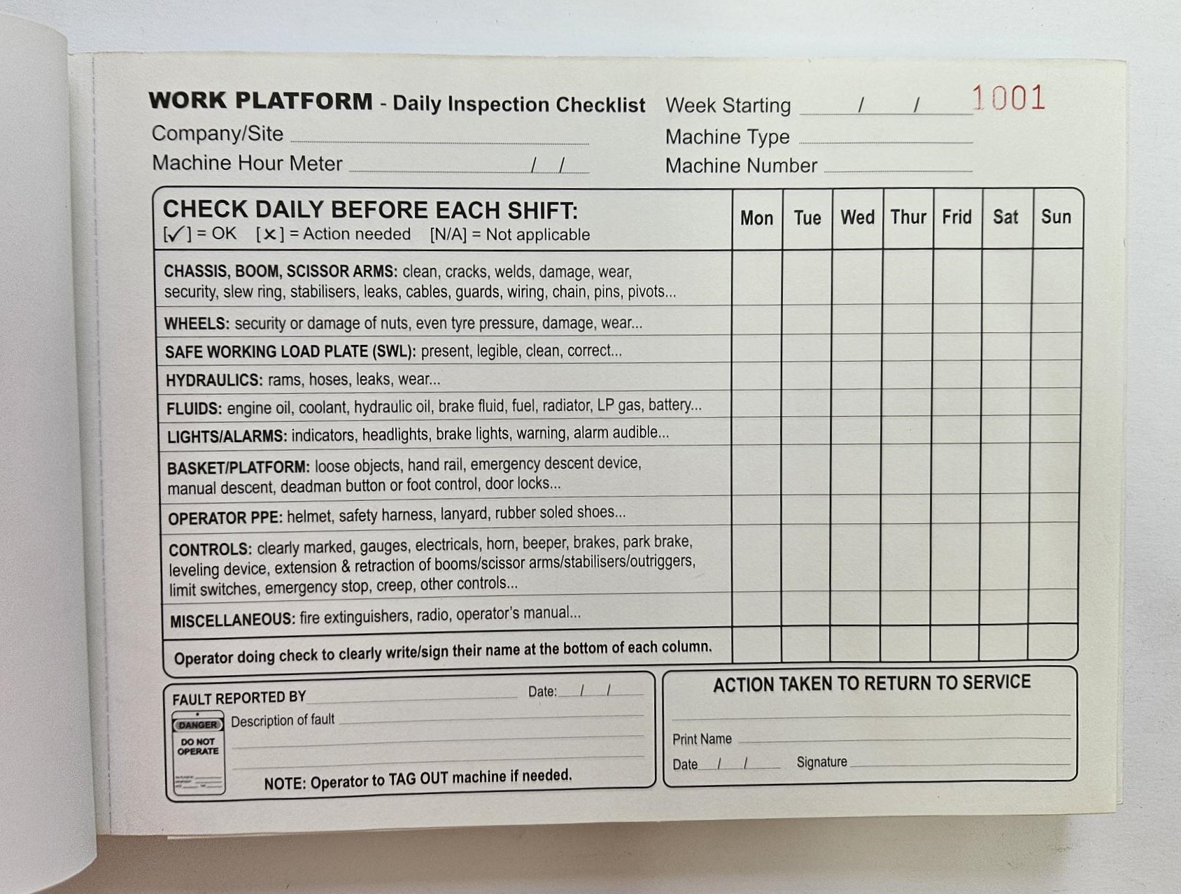 Elevated Work Platform Prestart Checklist Book (Triplicate) | JR Safety Co