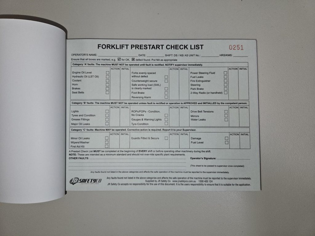 Forklift Prestart checklist book | JR Safety Co